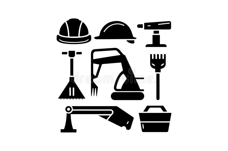 Construction and Excavation Equipment Silhouette Icons Set Helmet ...