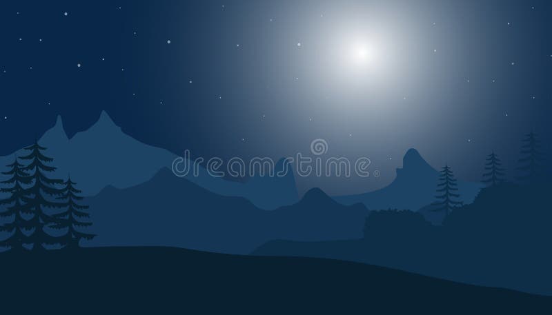 Countryside Scene at Night Time with Moon. Row of Mountains, Hills and ...