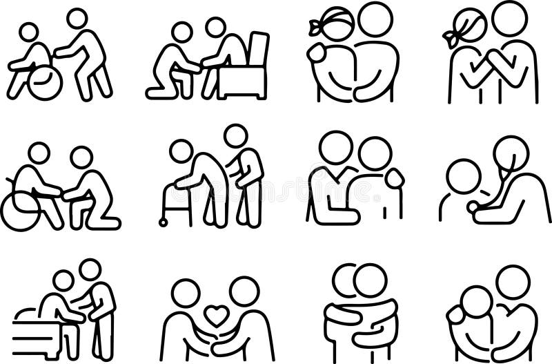 Thin Line Icon Set of Elderly Care Support Helping Assistance ...