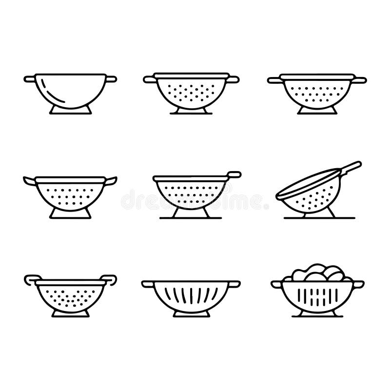Colander and Strainer Kitchen Icons Set. Collection of Simple Line Art Colander Designs. Stock ...