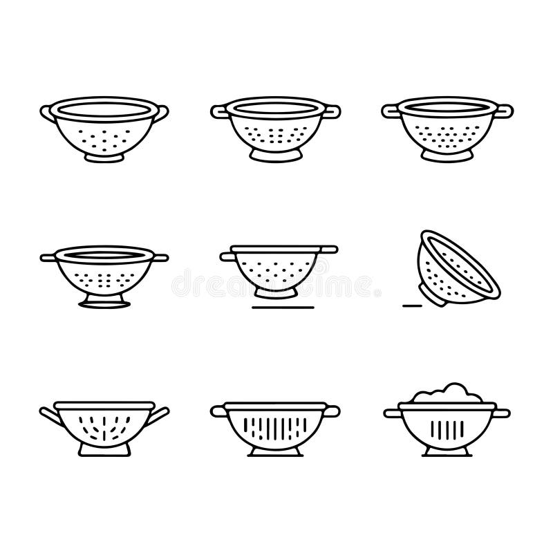 Colander and Strainer Kitchen Icons Set. Collection of Simple Line Art ...