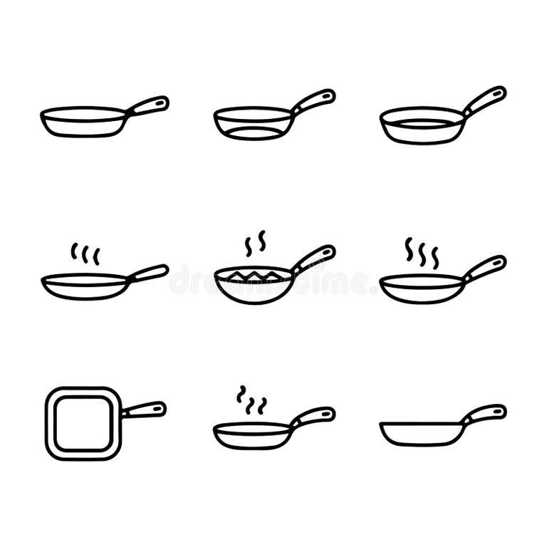 Frying Pan and Cooking Skillet Icons Set. Various Types of Pans in Line ...