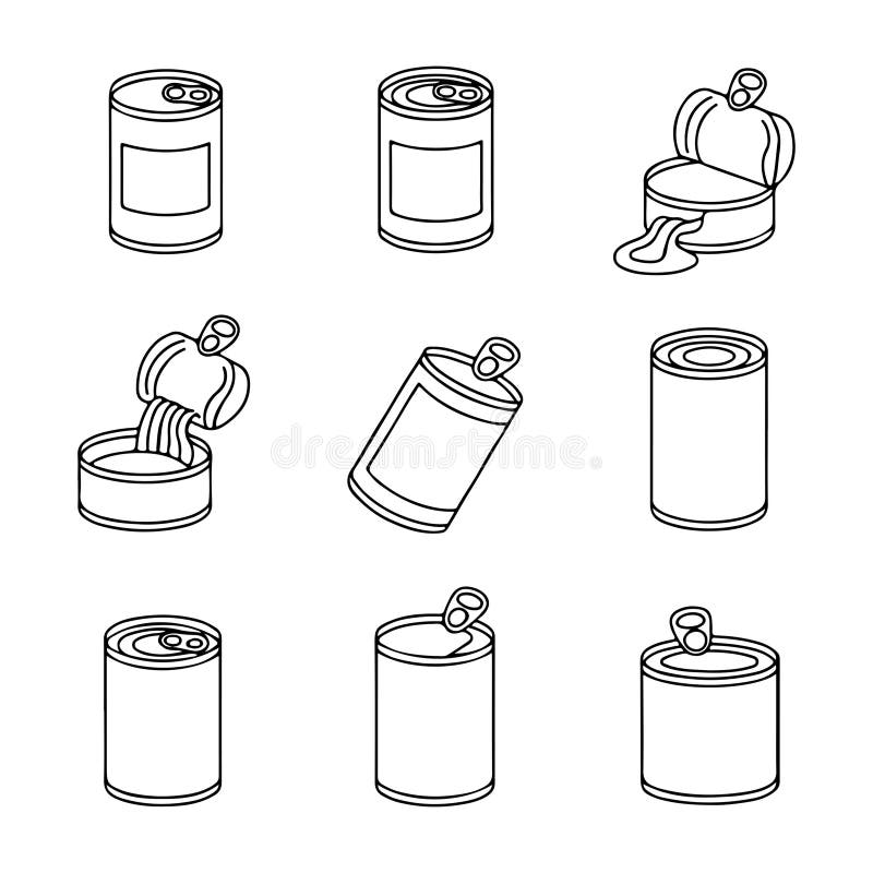 Food Can and Tin Packaging Icons Set. Different Stages of Opening a ...