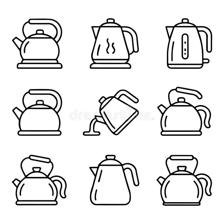 Kettle and Water Boiling Icons Set. Collection of Outline Tea Kettle ...