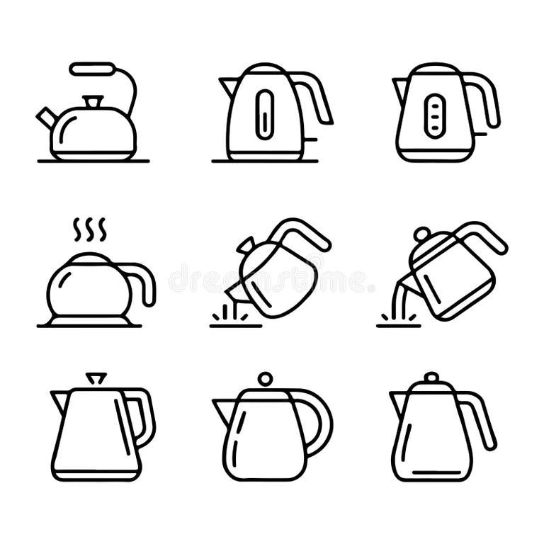 Kettle and Water Boiling Icons Set. Collection of Outline Tea Kettle ...