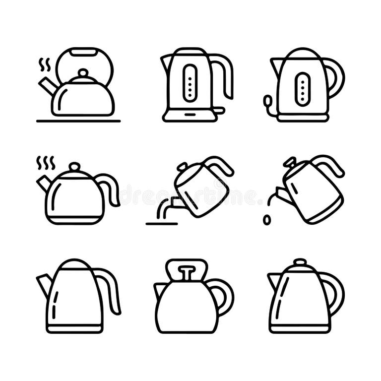 Kettle and Water Boiling Icons Set. Collection of Outline Tea Kettle ...