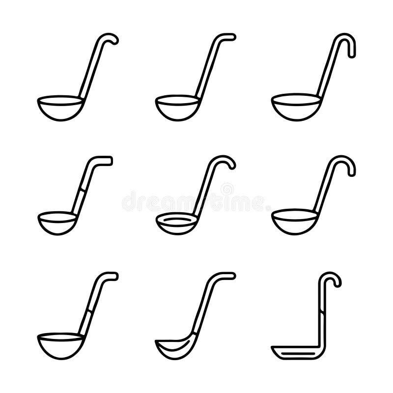 Ladle and Soup Serving Icons Set. Nine Black Outline Soup Ladle Icons ...