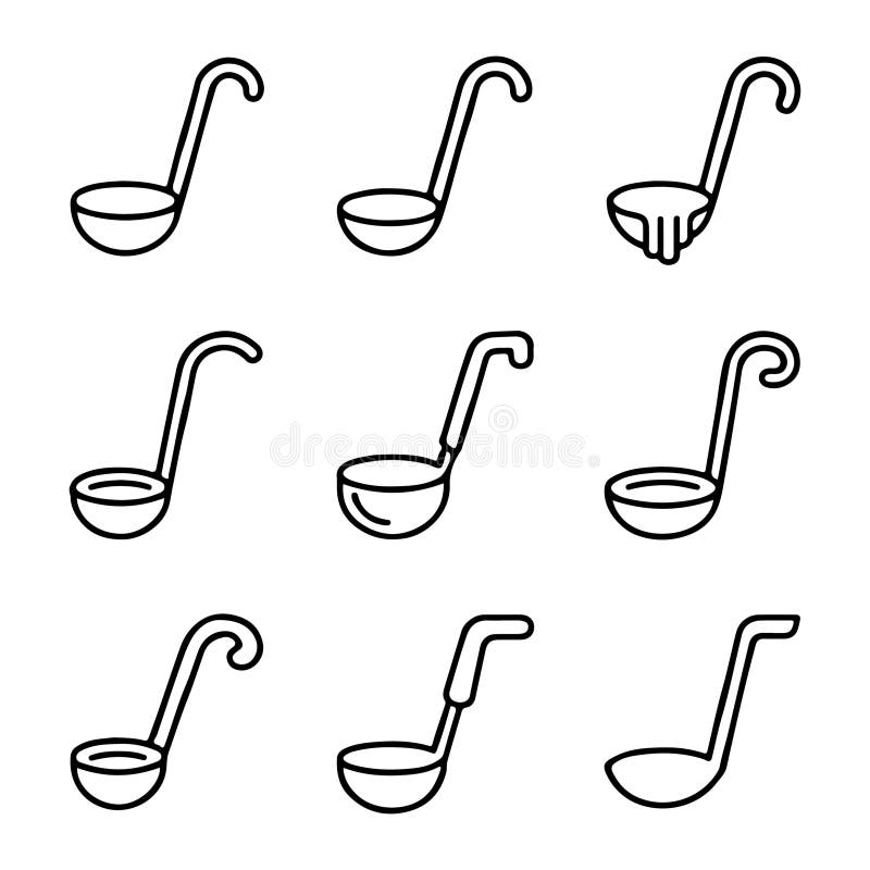 Ladle and Soup Serving Icons Set. Nine Black Outline Soup Ladle Icons ...