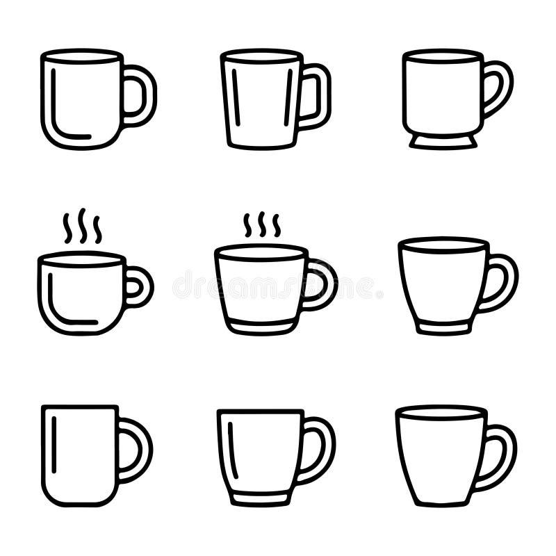 Mug and Hot Beverage Icons Set. Simple Line Art Illustrations of ...