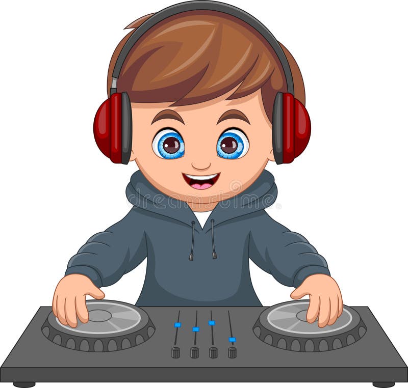 Cute boy playing DJ music stock illustration. Illustration of ...