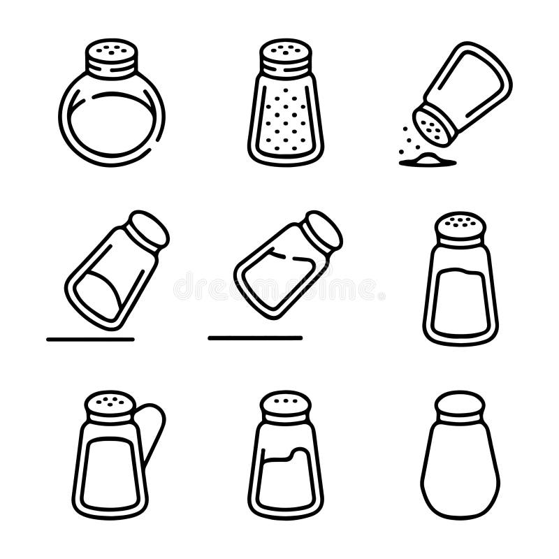 Salt Shaker Icon Set Collection. Simple Line Art Icons of Salt Shakers Dispensing Salt. Stock ...