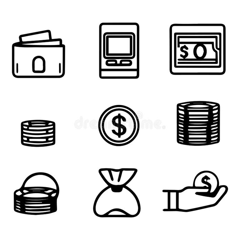 Collection of Nine Simple Black and White Money Icons Stock Vector ...