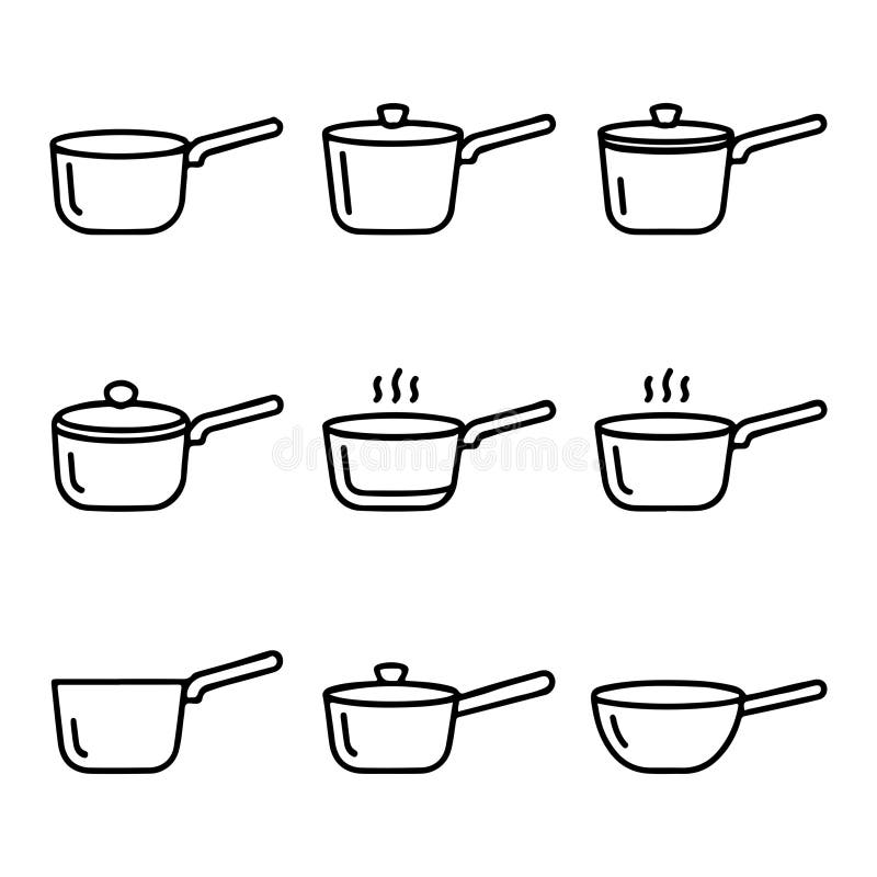 Saucepan Icon Set for Kitchen. Cooking Process with Pots and Pans Icons. Stock Vector ...