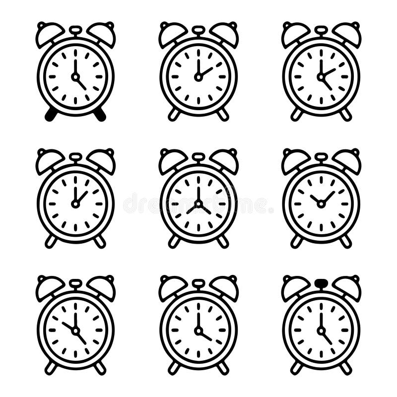 Alarm Clock Icon Set Collection. Set of Simple Line Art Alarm Clocks Showing Different Times ...