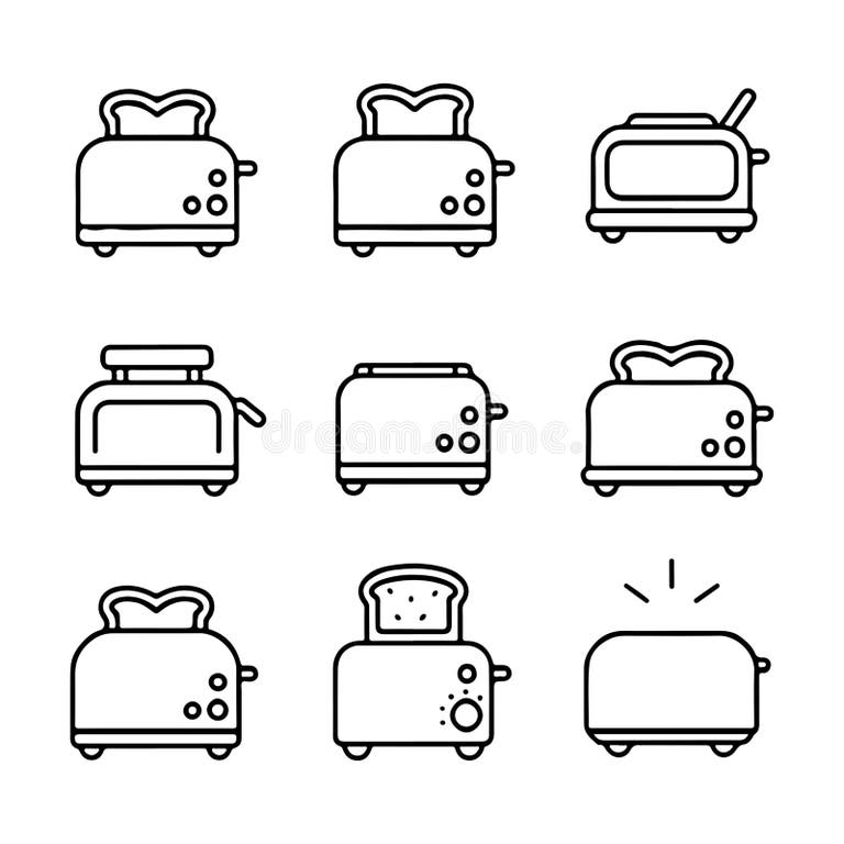 Toaster Icon Set for Kitchen. Simple Line Art Illustrations of Toasters ...