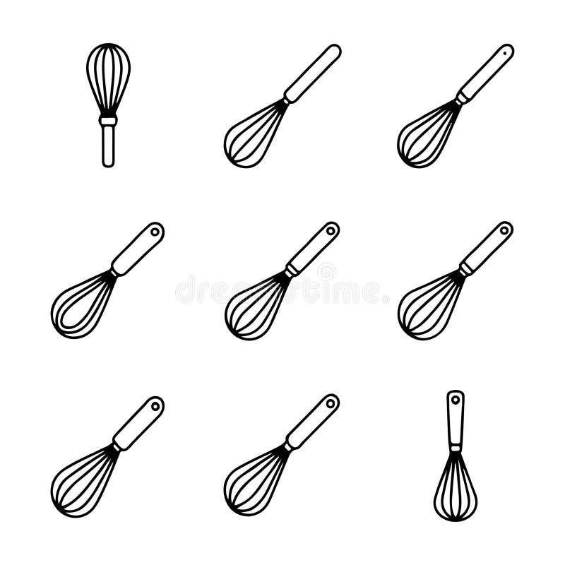 Whisk Icon Set for Baking. Nine Black and White Whisk Illustrations for ...