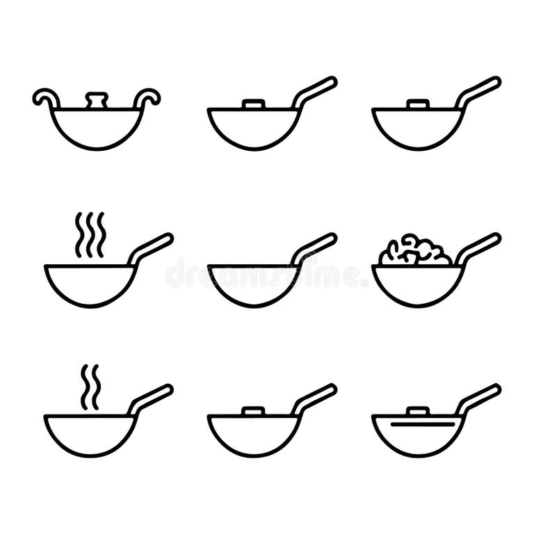 Wok Icon Set for Cooking. Collection of Line Art Asian Cooking Utensils ...