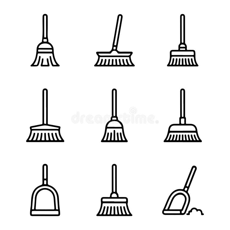 Broom Icon Set for Cleaning. Nine Line Art Illustrations of Brooms and Dustpans. Stock Vector ...