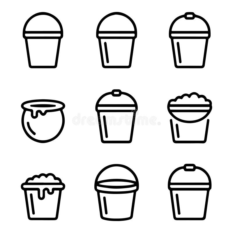 Bucket Icon Set for Cleaning.Various Empty and Filled Plastic Buckets ...