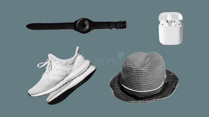 Travel Kit and Accessories Collage in Black and White Color Isolated ...