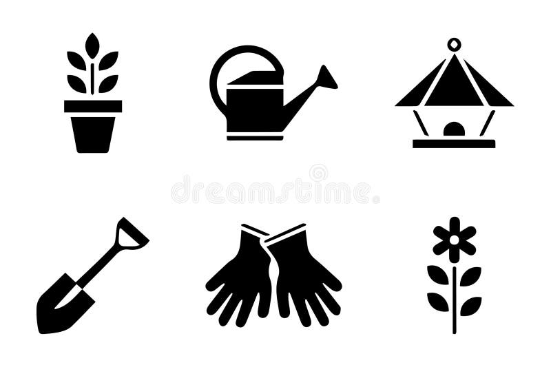 Minimalist Black Silhouettes of Potted Plants and Gardening Essentials ...