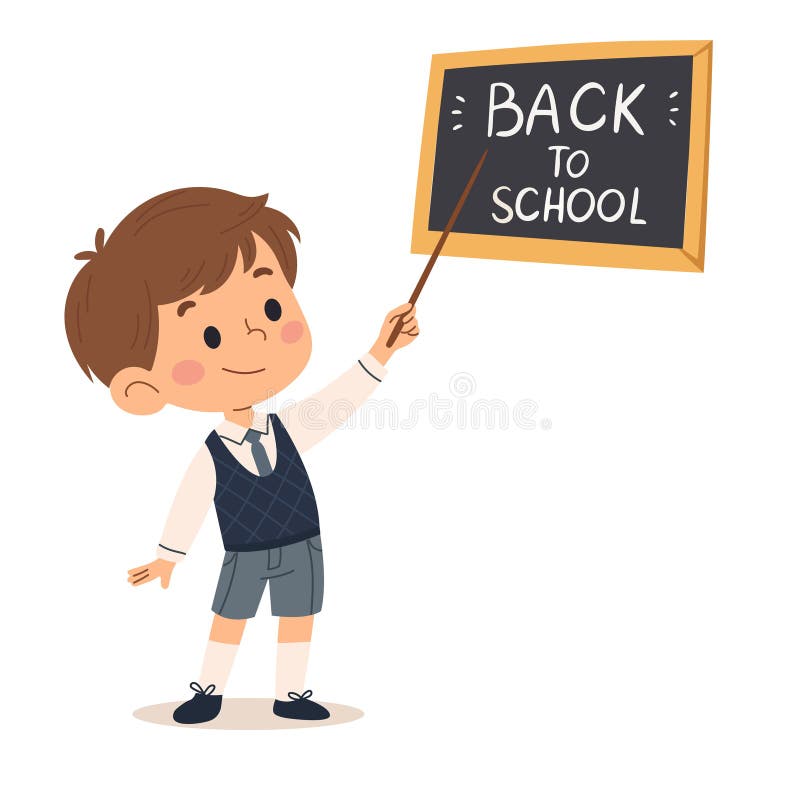A Cute Boy in a School Uniform Holds a Pointer in Front of a School ...