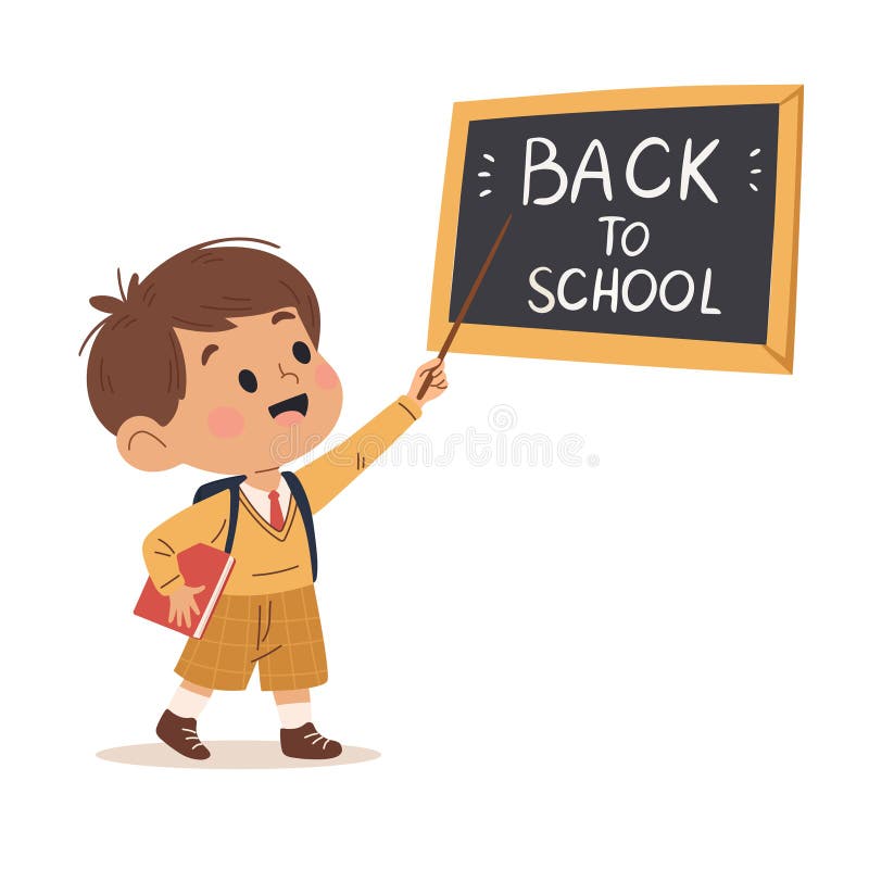 A Cute Boy in a School Uniform Holds a Pointer in Front of a School ...