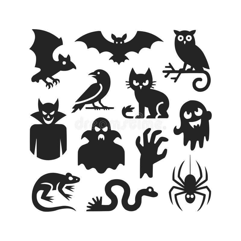 Halloween Spooky Creatures Black Silhouette Icons, Vector Graphics ...