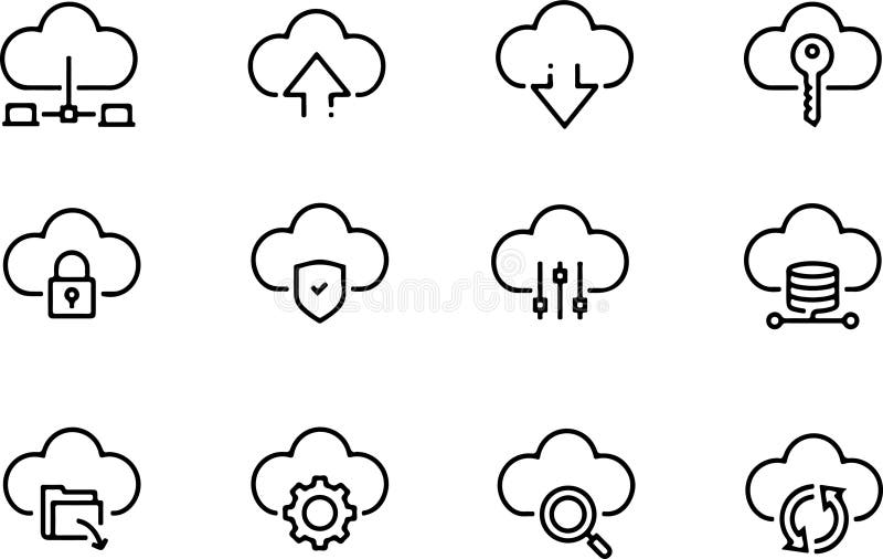 Thin Line Icon Set for Cloud Computing Data Storage Network Security Upload Download Server ...