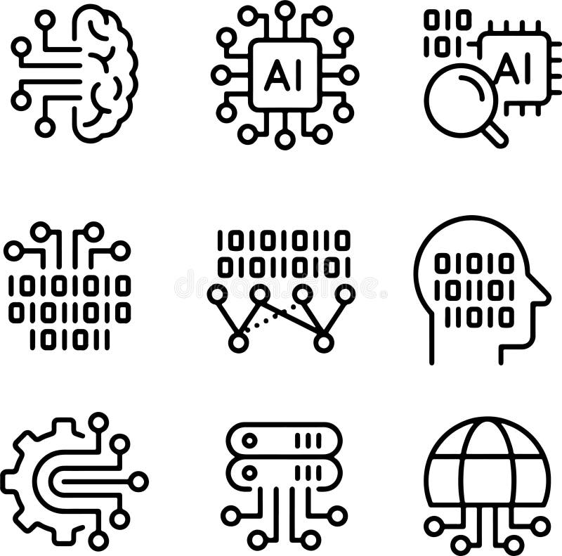 Thin Line Icon Set for Artificial Intelligence Ai Machine Learning Neural Network Cyber Brain ...
