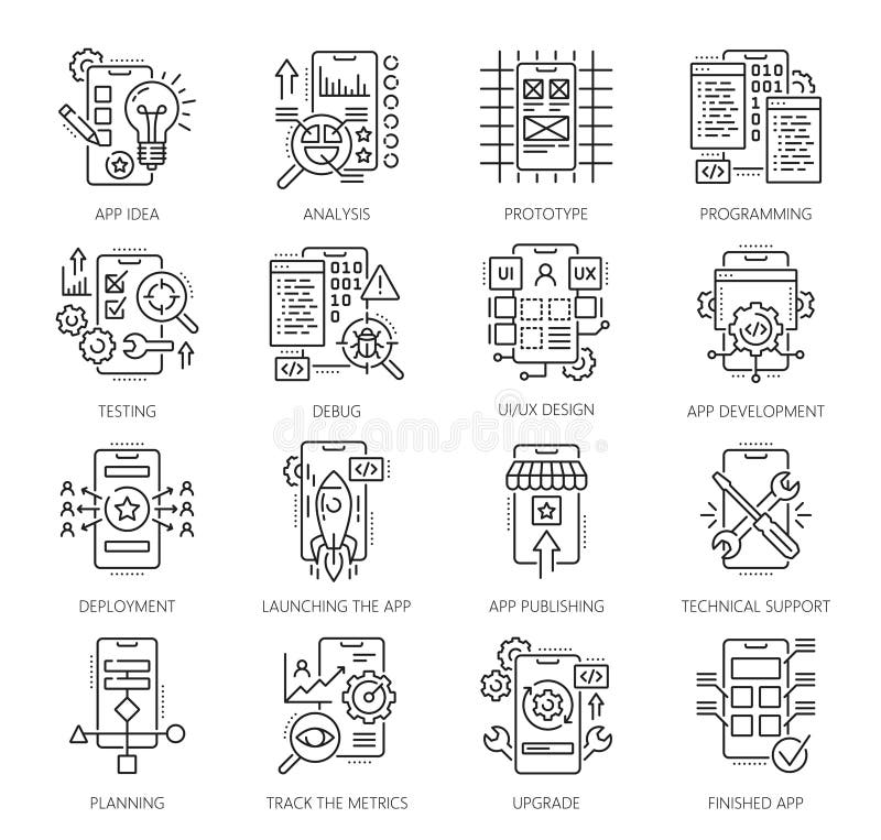 Web App Development And Optimization Line Icons Stock Vector Illustration Of Test Support