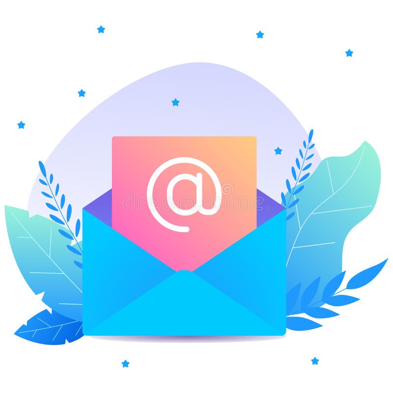 Web Banner With Blue Email And Letter Decorated By Leafs And Stars ...