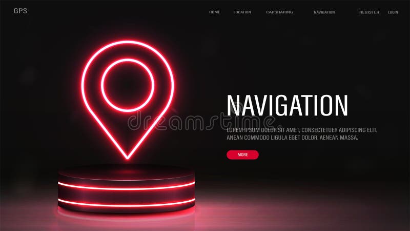 A Web Banner with a Pin Map Icon on a Neon Podium on a Black Background ...