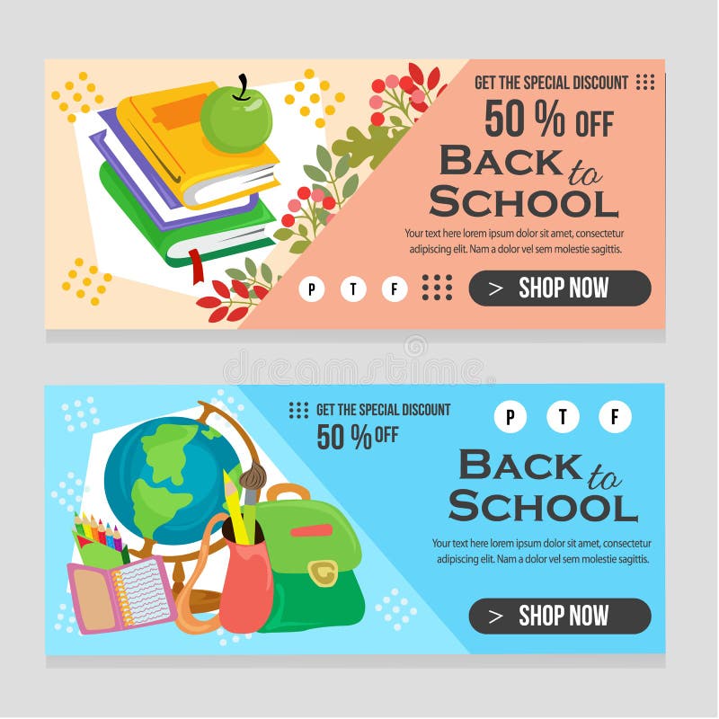 Web Banner School Template with Books Flat Stock Vector - Illustration ...