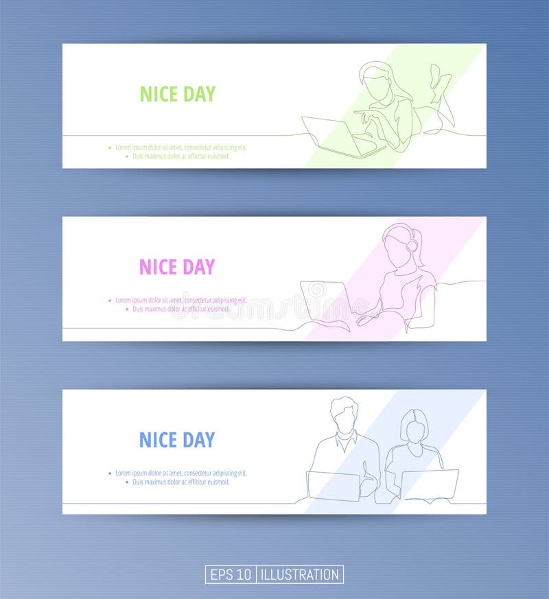 Set of Banners. Continuous Line Drawing of Girl Lying with Laptop, Girl ...