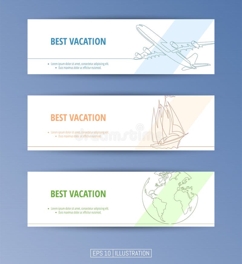 Set of Banners. Continuous Line Drawing of Jet Plane, Yacht, Globe ...