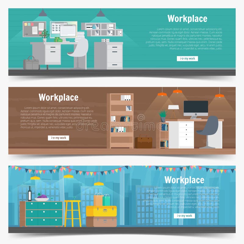 Web Banner Set Office Workplace Interior Design Graphic . Business ...