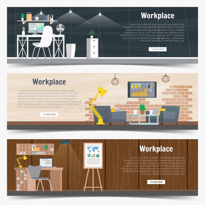Web Banner Set Office Workplace Interior Design Graphic . Business ...
