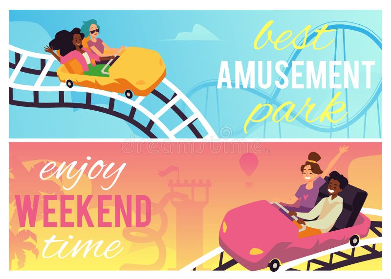 Web Banners or Horizontal Posters for Amusement Park, Flat Vector ...