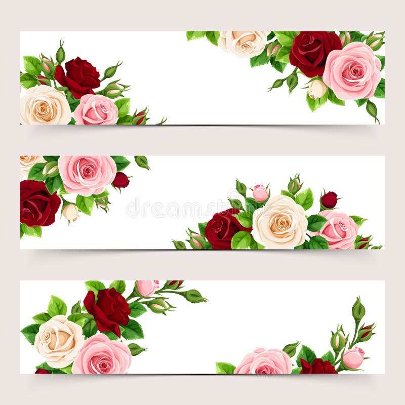Web Banners with Pink, Purple and White Roses and Lilac Flowers. Vector ...