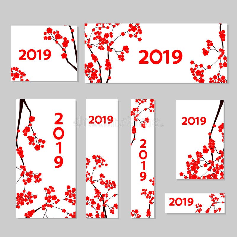 Web Banners Set with Red Flowers and Number 2019. Stock Vector ...