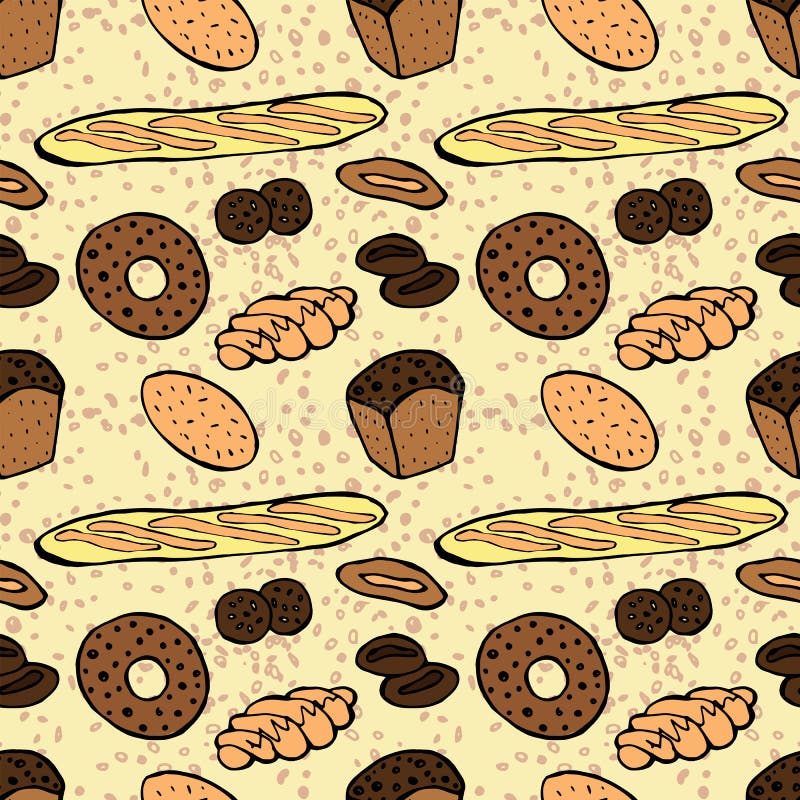 Bread and Bakery Products Seamless Pattern. Hand Drawn Color Isolated ...