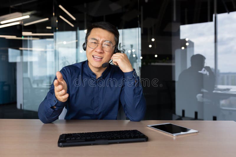 Web Camera View, Angry Man with Headset for Video Call, Worker Inside ...