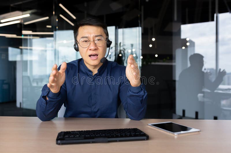 Web Camera View, Angry Man with Headset for Video Call, Worker Inside ...