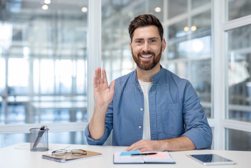 Web Camera View, Man Joyfully Looking at Camera Waving Hand, Greeting ...
