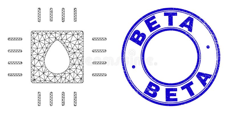 Blue Distress Beta Badge and Web Network Liquid Processor Icon Stock ...