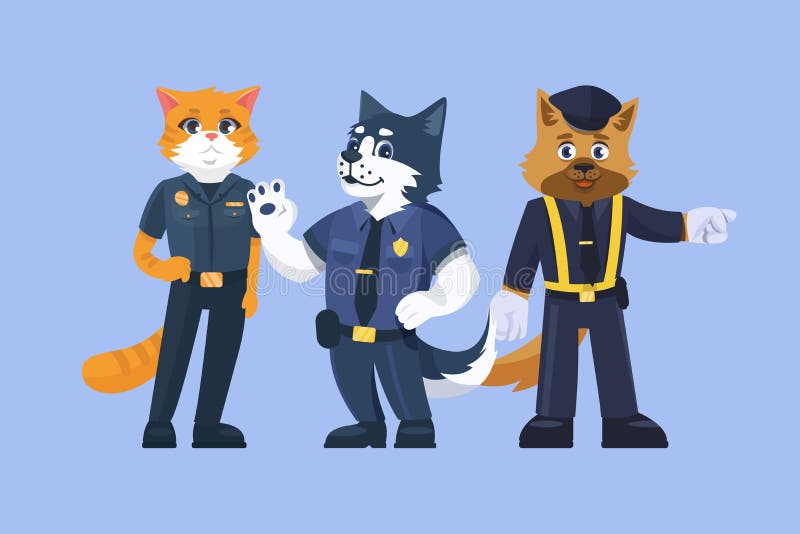 Cartoon Animals Cat and Dog Policeman in Uniform. Flat Vector ...