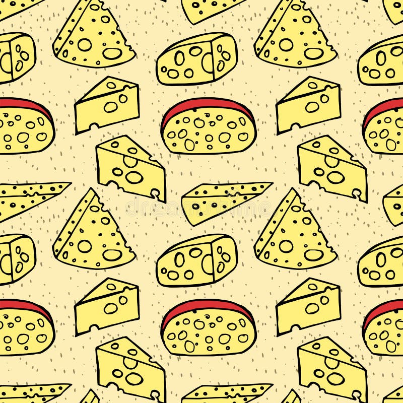 Cheese Seamless Pattern. Hand Drawn Color Doodle Stock Illustration ...