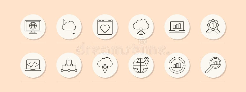 Web and Cloud Set Icon. Global, Cloud, Network, Data Analysis, SEO, Coding. Internet, Technology ...