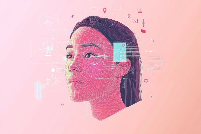 Web Concept with Biometrics Control in 3D Isometric Design. Woman Uses ...